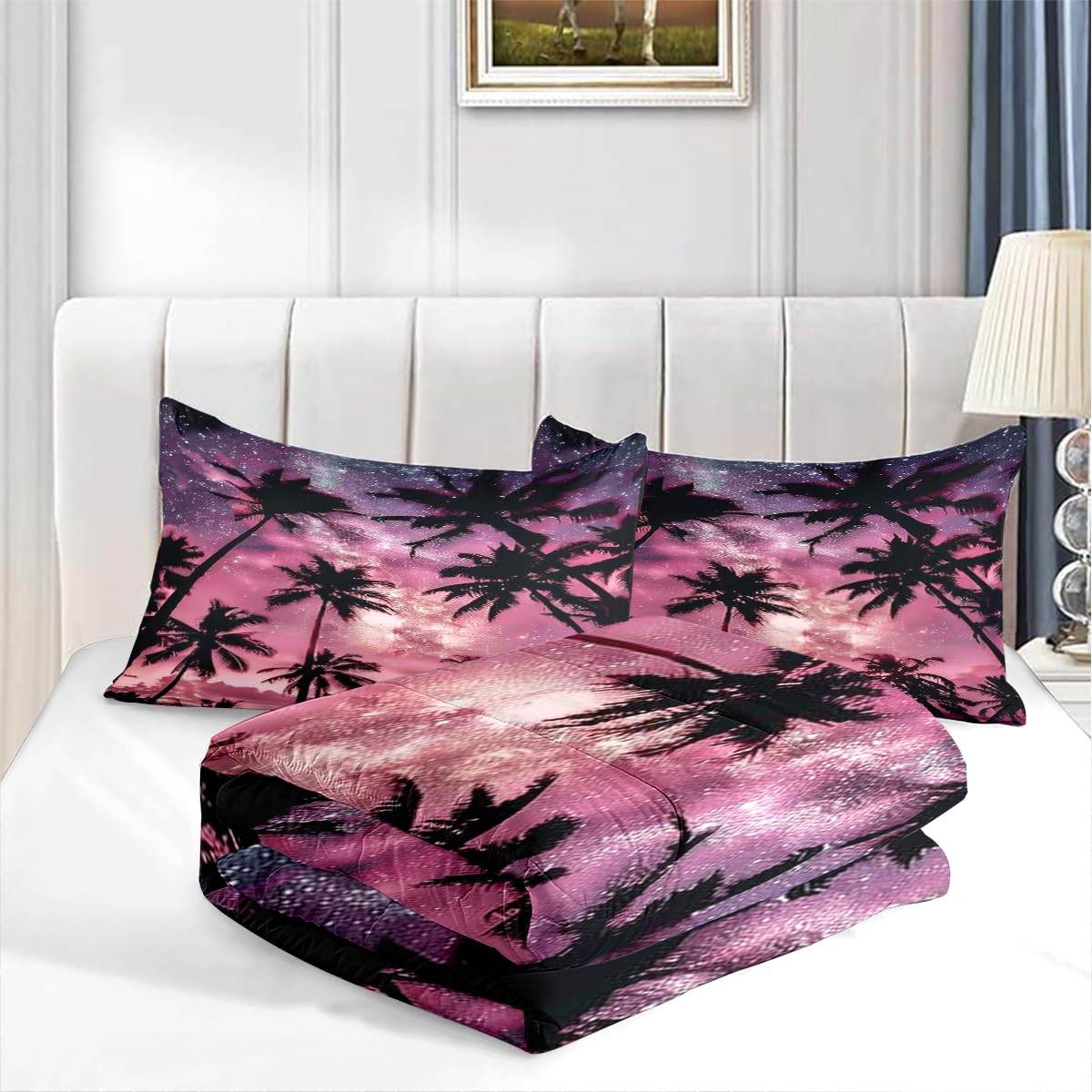 CCoutueChen Coconut Tree Comforter Set Queen Size Tropical Beach Leaf Bedding Sets Botanical Leaves Comforter Romantic Galaxy Bed Set 3Pcs Soft Fluffy Lightweight Comforter (Girls Women Adult)