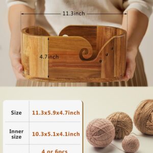 Oval Yarn Bowl, Crochet Yarn Holder with 9pcs Knitting Hooks, Yarn Storage Crochet Bowl Knitting for Crocheters, Large Yarn Bowl Acacia Wooden 11.3x5.9x4.7inch (Acacia Yarn Bowl)