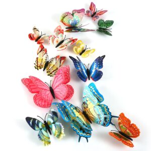 12pcs glow in the dark butterfly wall stickers, colorful 3d butterfly magnets wall decals double layer luminous butterfly removable diy wall art crafts for kids girls bedroom home room decor