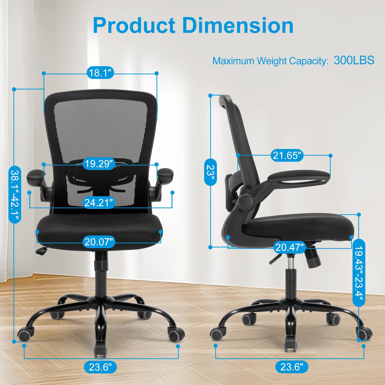 Office Computer Desk Chair，Ergonomic Executive Office Chair with Mesh, Adjustable Lumbar Support, Swivel Rolling for Home, Bedroom, Study, Student, Adults, Black