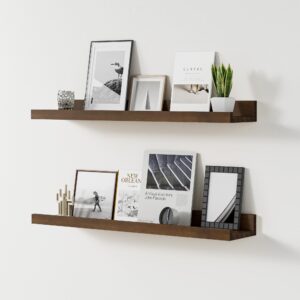 acovy floating shelves for wall, 24 inch solid wood picture ledge shelf, picture shelf for wall with ledge, floating book shelves for living room bedroom kitchen nursery decor, walnut, set of 2