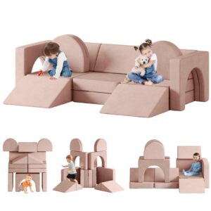 deygia 13pcs modular kids play couch, kids couch with climbing slope, 13 in 1 toddler couch for playing, creativing, sleeping, indoor kids sofa for boys and girls (pink)