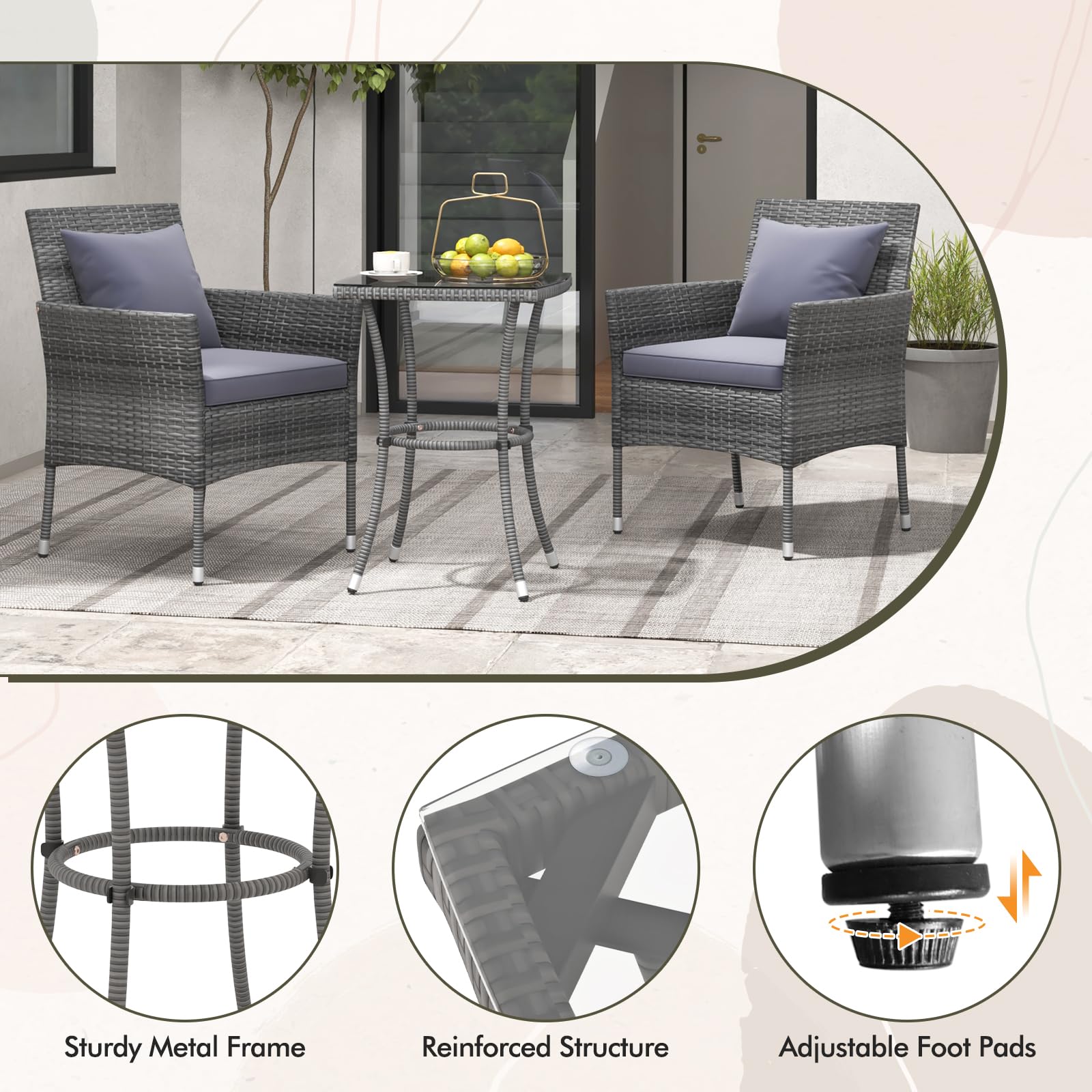 Tangkula 3-Piece Patio Furniture Set, PE Wicker Conversation Bistro Set w/A Tempered Glass Table & 2 Cushioned Chairs, Outdoor Table & Chairs Set for Patio Porch Yard Garden (Mix Gray+Grey)