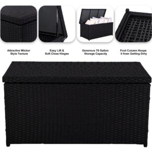 Outdoor 70 Gallon Wicker Storage Box with Waterproof Liner, Patio PE Rattan Storage Container for Outside, Deck Box with Hinged Lid for Cushions, Pillows, Towels, Horizontal Bin, Black