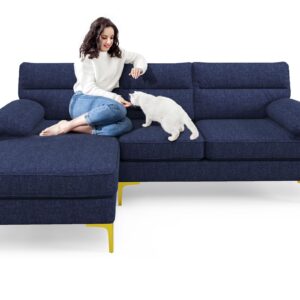 Sectional Couches for Living Room, Modern Chenille Convertible Sofa Bed L-Shaped Couch 3 Seats Sofas with Reversible Wide Chaise & Fluffy Armrests for Small Apartment Compact Spaces Dark Blue