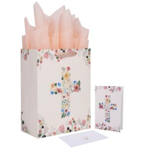 13" large light yellow gift bag set with greeting card and tissue papers (floral vine cross) for first communions, baby girl baptisms, christenings, religious occasion, clergy day - 10.2”x5.2”x13”, 1 pcs.