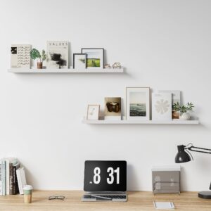 Acovy Floating Shelves for Wall, 36 inch Solid Wood Picture Ledge Shelf, Picture Shelf for Wall with Ledge, Floating Book Shelves for Living Room Bedroom Kitchen Nursery Decor, White, Set of 2