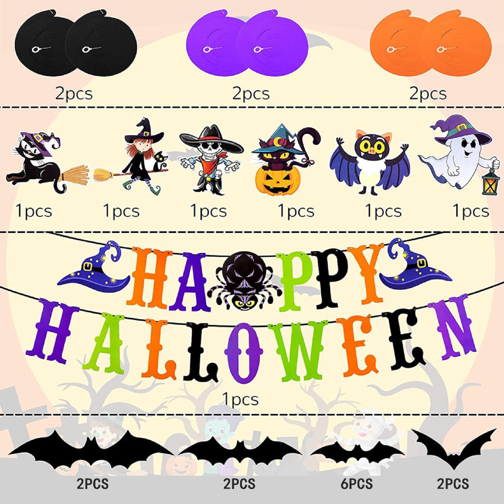 Halloween Party Decorations, Happy Halloween Banner Hanging Swirl Streamers and 3D Bat for Halloween Party