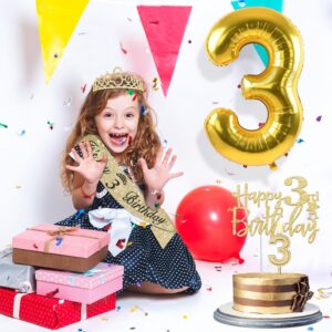 3rd Birthday Decorations for Girls, Including 3rd Birthday Sash and Tiara, Cake Topper and Candle 3, Number 3 Balloon Gold, 3 Birthday Gifts for Girls, 3 Birthday Party Decorations (Gold)