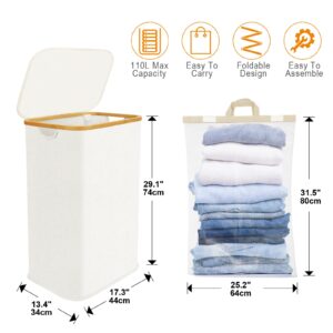 RICOJYCX 110L Collapsible Laundry Baskets with Lid, Laundry Hamper with Handle and Lid, Large Foldable Clothes Hamper with Removable Inner Bag for Clothes Toys Towels (Off White)