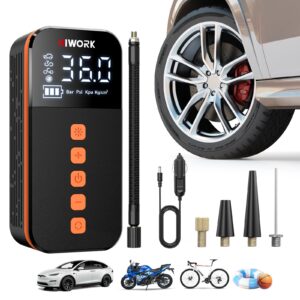 hiwork 12v air compressor, tire inflator portable air pump 150 psi 12v dc electric inflator for car tires bikes balls balloons and other inflatables with digital gauge and sos light