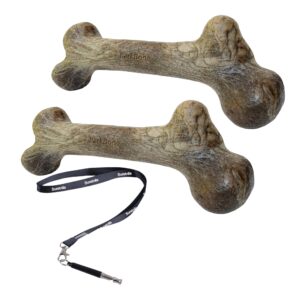 suretails dinosaur barkbone chew toy, 2.4 oz, bundled ss pet training whistle, dog toys peanut butter flavor, wood dog bone for medium dogs, safer & material~ [pack of 2]