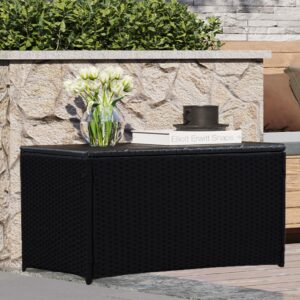 Outdoor 70 Gallon Wicker Storage Box with Waterproof Liner, Patio PE Rattan Storage Container for Outside, Deck Box with Hinged Lid for Cushions, Pillows, Towels, Horizontal Bin, Black