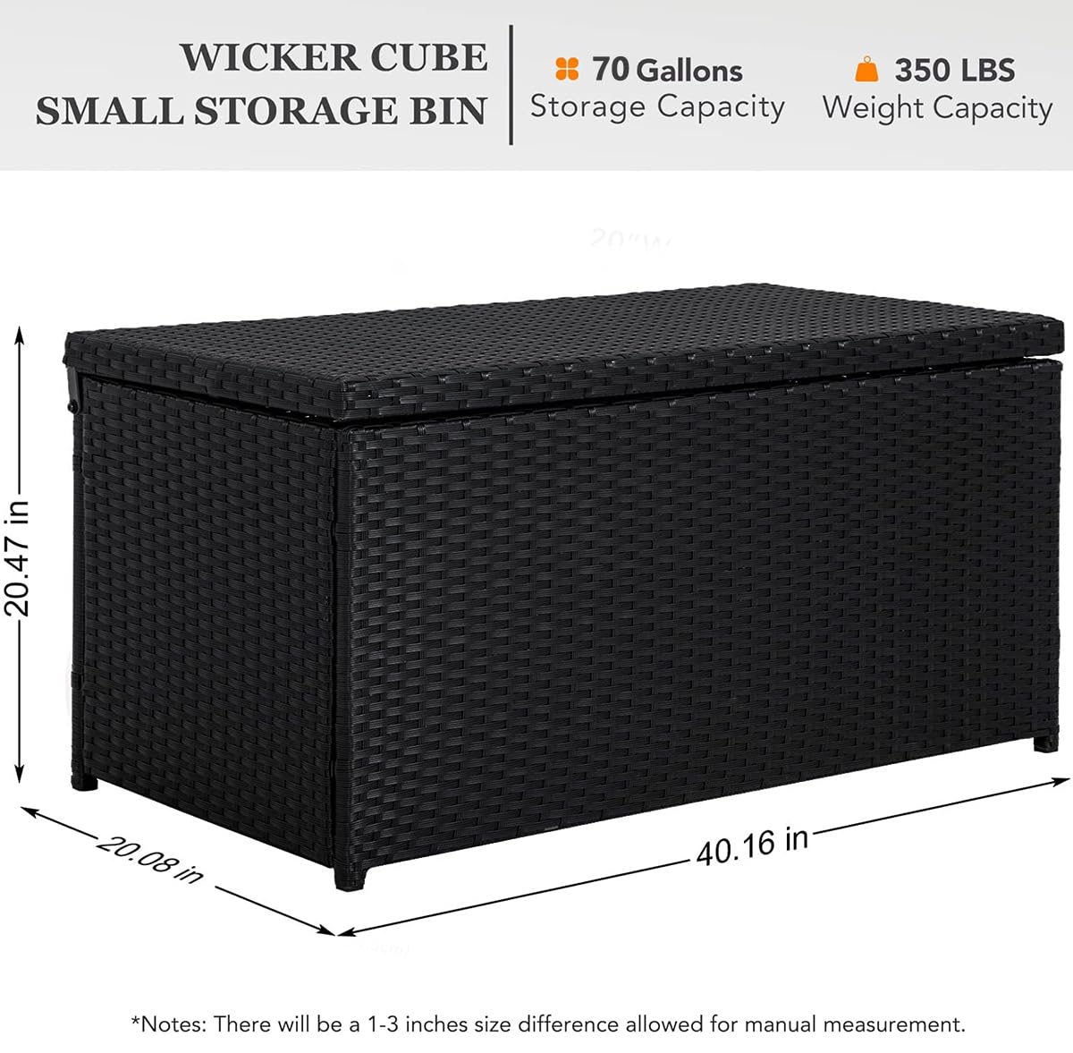 Outdoor 70 Gallon Wicker Storage Box with Waterproof Liner, Patio PE Rattan Storage Container for Outside, Deck Box with Hinged Lid for Cushions, Pillows, Towels, Horizontal Bin, Black