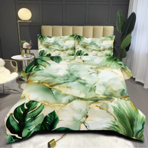 ccoutuechen white gold marble comforter bedding set king size green palm leaf bed sets summer comforter insert tropical botanical leaves bedding 3pcs soft lightweight comforter(girls women adult)