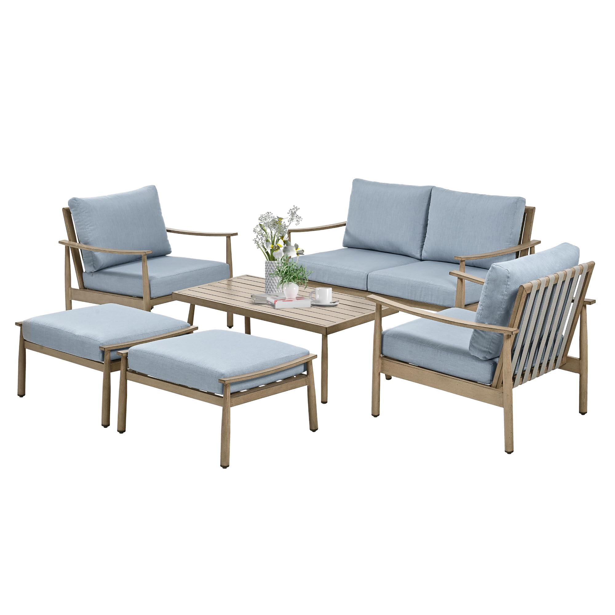 HAPPATIO Patio Outdoor Furniture Set - 6 Pieces Aluminum Outdoor Conversation Set with 1 Cushioned Loveseat, 2 Armchairs, 1 Coffee Table, and 2 Ottomans for Yard, Porch, and Deck (Brown)