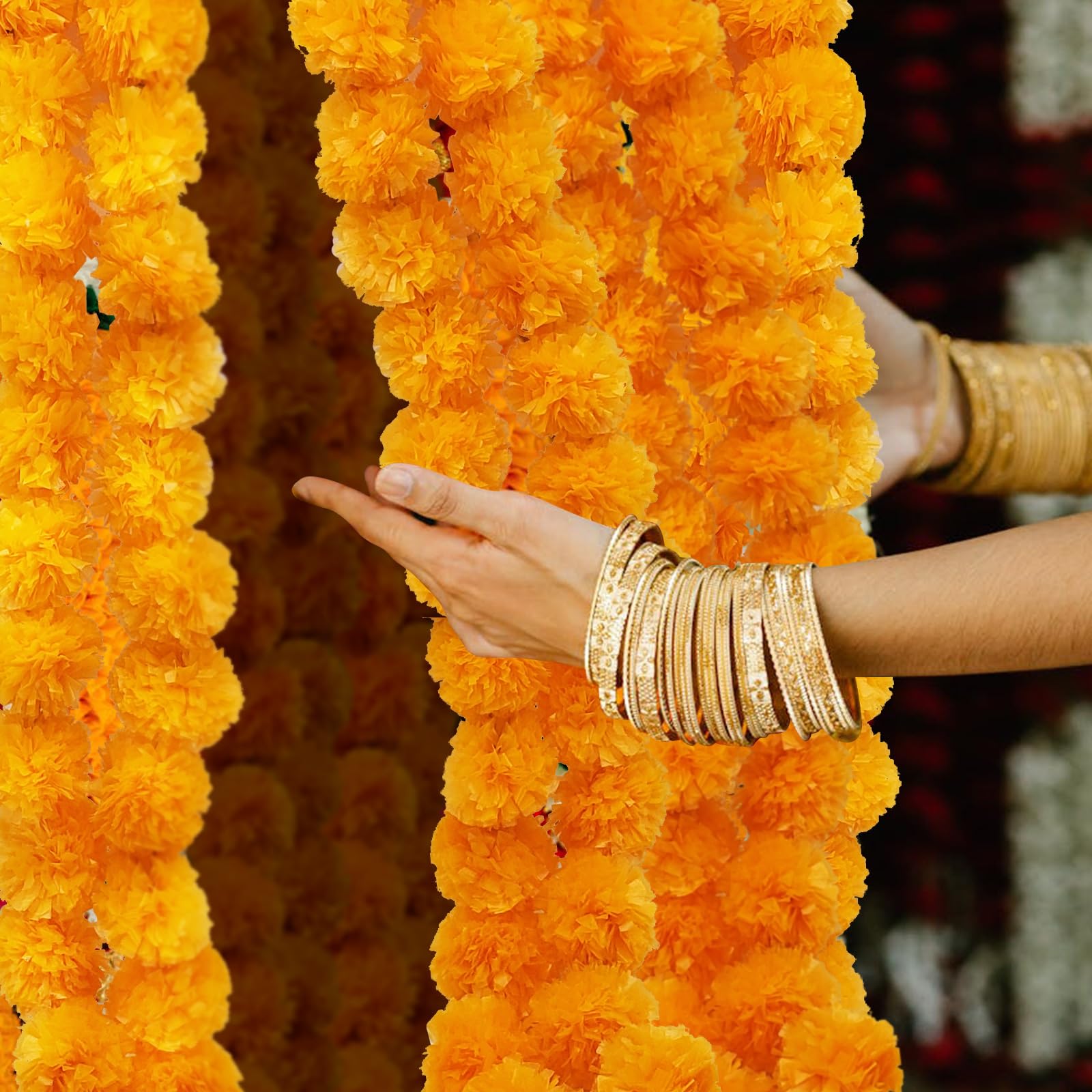 CRFNI 10 Pcs - 5 feet Marigold Garland for Diwali Party Indian Weddings Decorations (light orange)