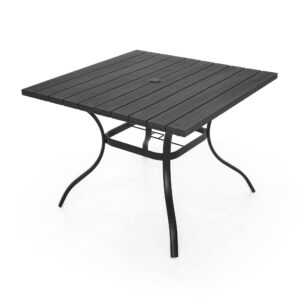 Nixtopia 37" Plastic Top Square Patio Dining Table for 4 Person with Metal Steel Leg and Umbrella Hole for Backyard Bistro Outdoor Furniture - Three-Dimensional Wood-Like Grain