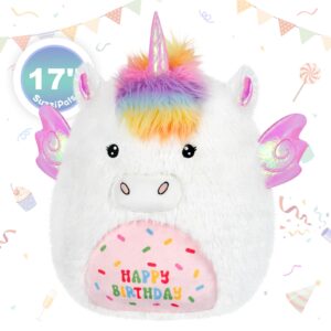 suzzipals 17'' happy birthday unicorn plush pillows, squishy unicorn stuffed animal, stuffed unicorn pillows unicorn decor, unicorns plush toys birthday gifts for girls & boy, plushies unicorn gifts