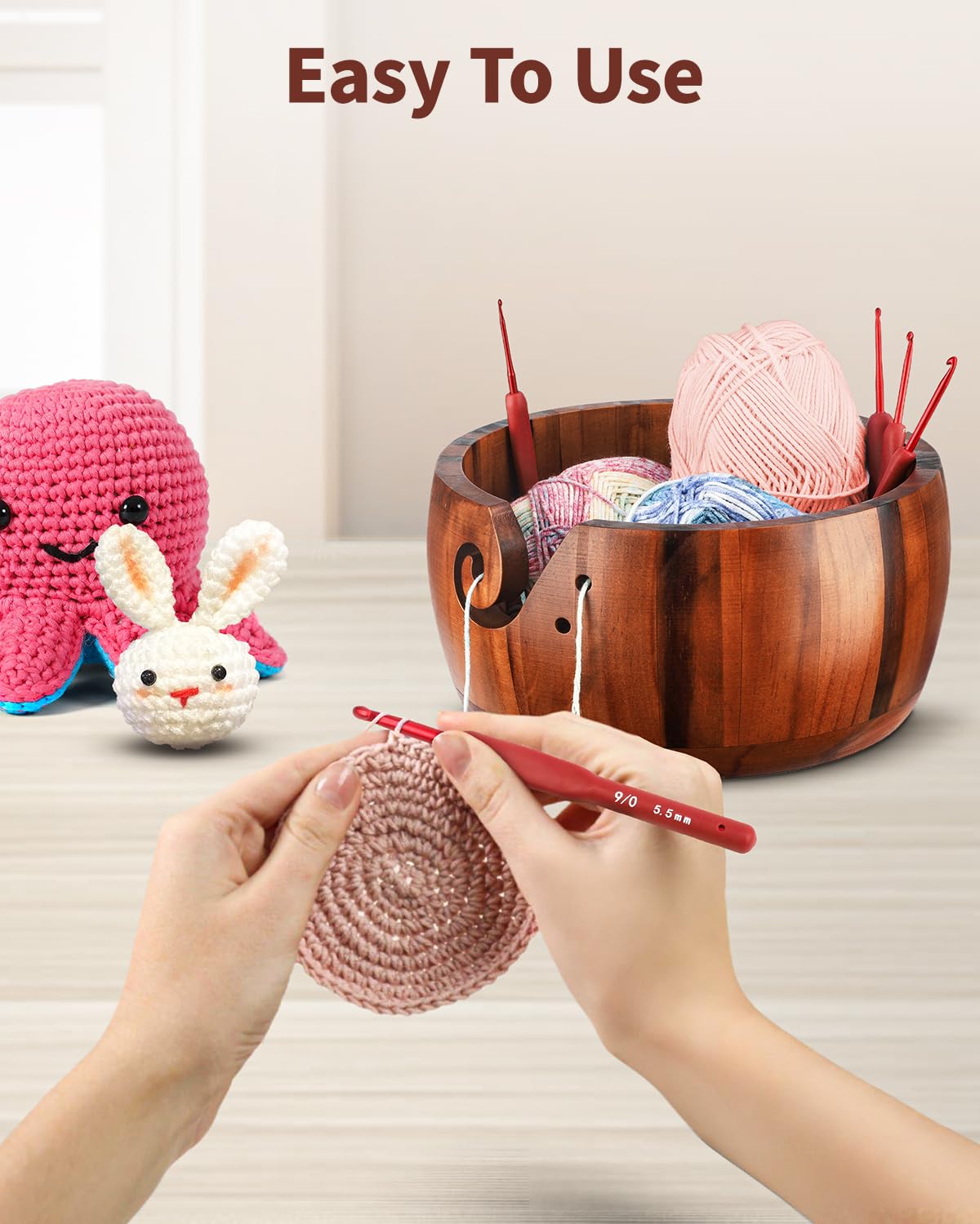 Large Yarn Bowl Holder, 8.7''Knitting Bowl with 9pcs Crochet Hooks, Wooden Yarn Holder Dispenser Yarn Storage Bowls for Crocheters Knitters Craft (Brown 8.7inch)