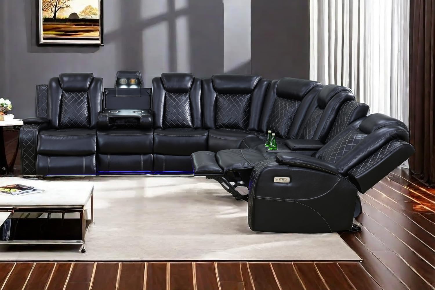 A Ainehome Power Reclining Sectional Sofa Couch with LED Light, Leather Recliner Electric Reclining Sectional Couch Recliner Sofa Set with Cup Holder,USB Port,Storage Console for Living Room (Black)