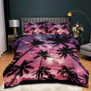 CCoutueChen Coconut Tree Comforter Set Queen Size Tropical Beach Leaf Bedding Sets Botanical Leaves Comforter Romantic Galaxy Bed Set 3Pcs Soft Fluffy Lightweight Comforter (Girls Women Adult)