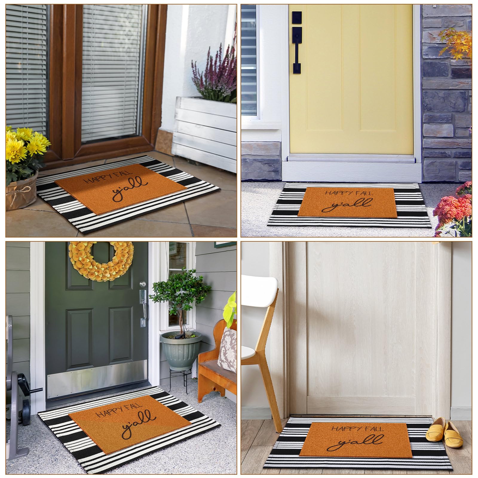 Tinideya 2 Pcs Fall Front Door Welcome Doormat Set Includes 24 x 35 Black and White Striped Mat 16 x 24 Welcome Mat Coir Door Mat Autumn Doormat Washable for Outdoor Indoor Entrance(Happy Fall)