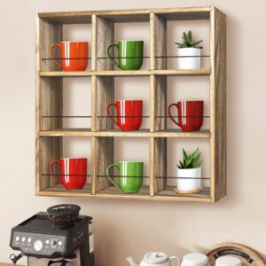 mug rack, mug rack wall mounted, coffee mug organizer for kitchen, coffee bar, wooden, 9/16/25 compartments (9 compartments)