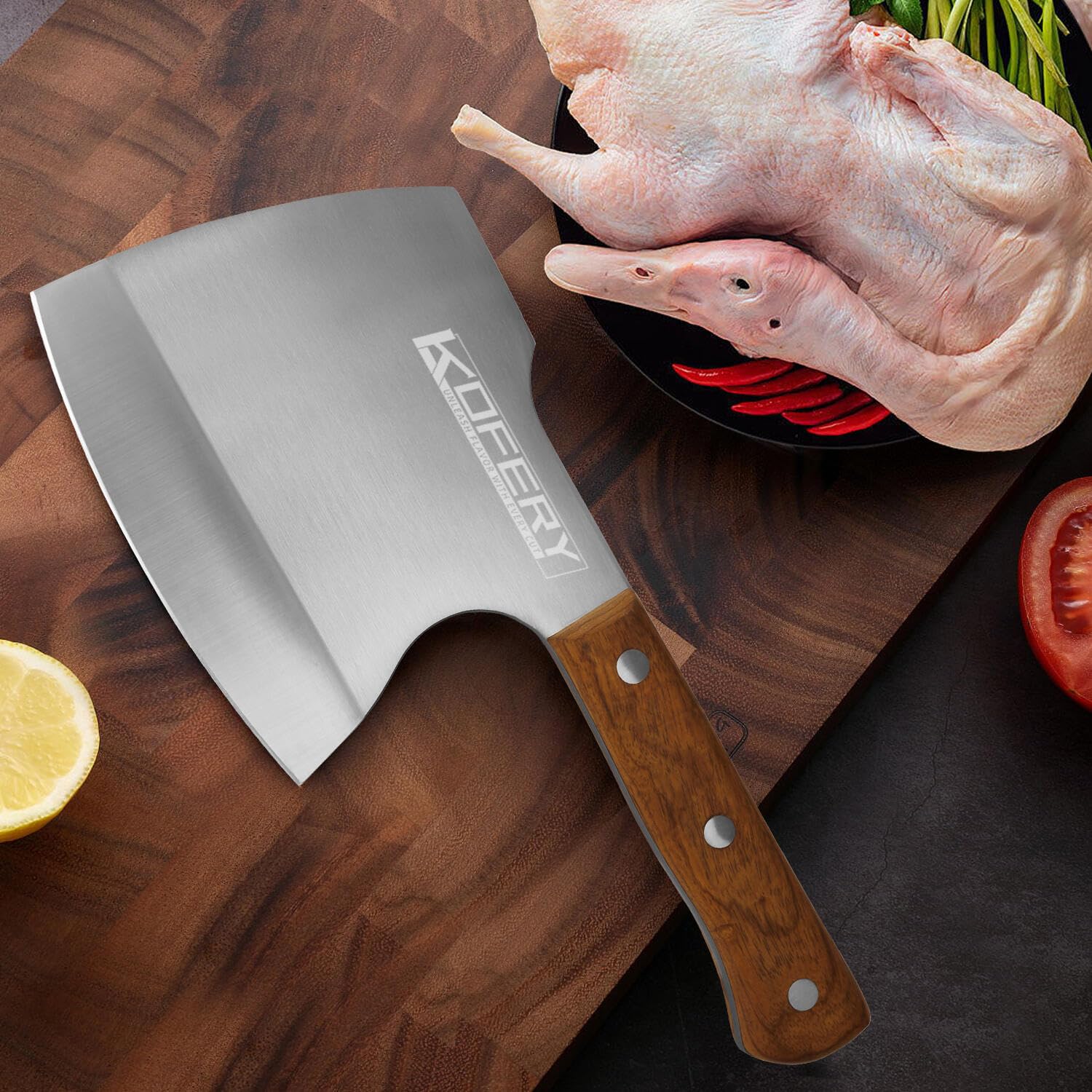 KOFERY Hand Forged Meat Cleaver - Heavy Duty Bone Chopper Axe Knife with Wood Handle, Full Tang Chopping Knife for Kitchen, Camping, BBQ & Outdoor