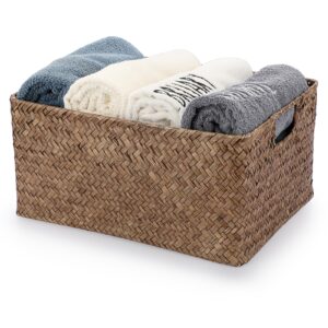 GUSHBIN Seagrass Basket Storage Box for Organizing HandWoven Wicker Storage Bin Cubes Opened Basket Bin with Handles Rectangular Wicker Basket for Shelves Storage,13.4"x9.4"x6.7"