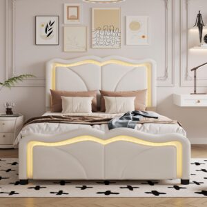 meritline twin size bed with height-adjustbale headboard & led light strips, upholstered twin platform bed frame for bedroom, white