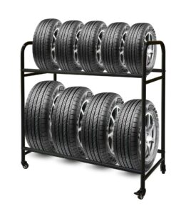 landrol tire cart rack organizer, heavy duty mobile tire holder for garage storage, adjustable tire stand indoor/outdoor with 2 universal rolling wheels shelves