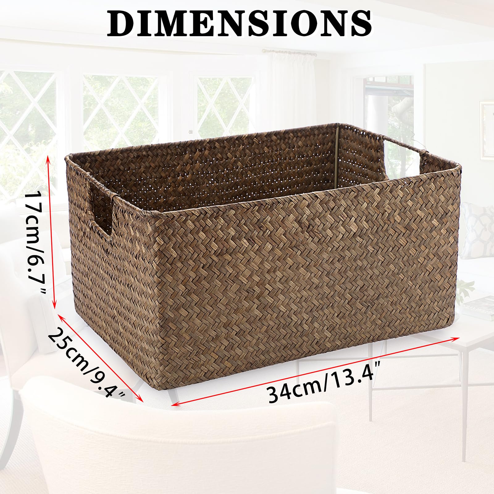 GUSHBIN Seagrass Basket Storage Box for Organizing HandWoven Wicker Storage Bin Cubes Opened Basket Bin with Handles Rectangular Wicker Basket for Shelves Storage,13.4"x9.4"x6.7"