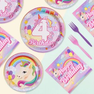 96 Pcs Unicorn 4th Birthday Party Decorations 350 GSM Disposable Rainbow Unicorn Plates and Napkins Tableware Set for Girls Unicorn Themed 4th Birthday Party Baby Shower Supplies Decorations Serves 24