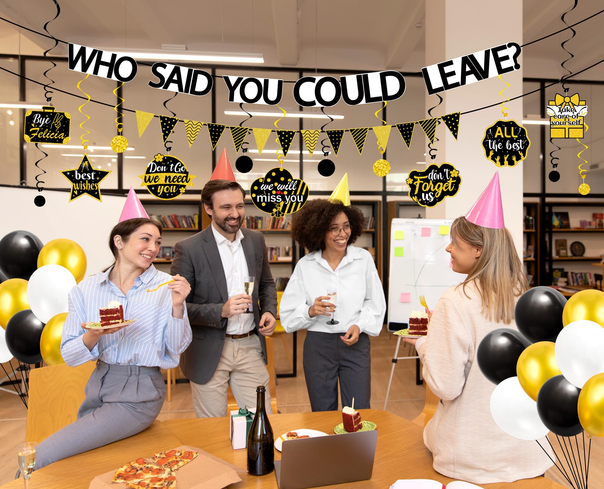 Black and Gold Goodbye Party Decorations - Farewell Decor Balloons + "Who Said You Could Leave" Banner + Hanging Swirls + Cupcake Topper Going Away Supplies