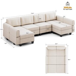 AYEASY 113'' Modular Sectional Sofa, Convertible Sectional Couches for Living Room U Shaped Sectional Sofa Couch with Storage Ottoman, High Supportive 6 Seats Reversible Sectionals with Chaise, Beige