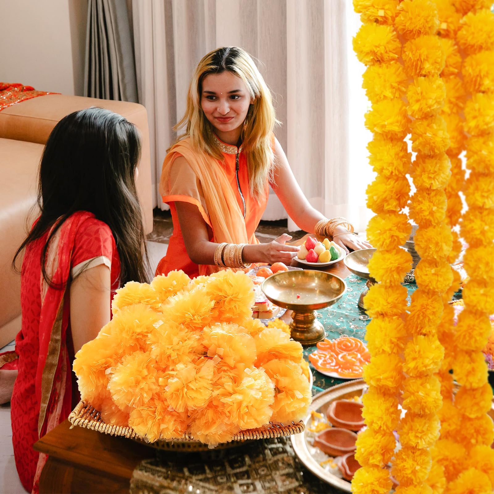 CRFNI 10 Pcs - 5 feet Marigold Garland for Diwali Party Indian Weddings Decorations (light orange)