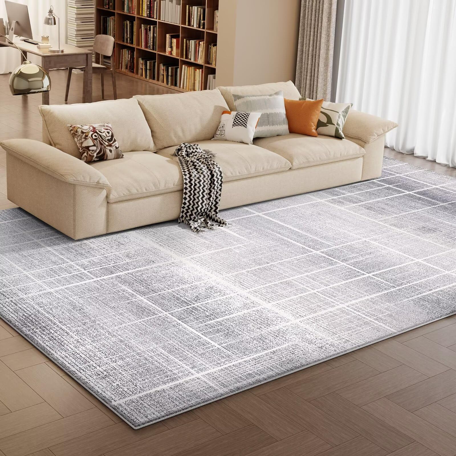 Vamcheer Modern Area Rug 6x9 - Upgraded 10mm Thick Sponge for Exceptional Comfort, Abstract Area Rug for Living Room/Bedroom/Office, Non-Shedding & Easy to Clean, Grey Striped