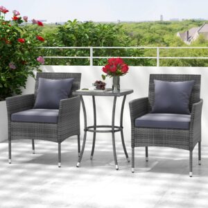 Tangkula 3-Piece Patio Furniture Set, PE Wicker Conversation Bistro Set w/A Tempered Glass Table & 2 Cushioned Chairs, Outdoor Table & Chairs Set for Patio Porch Yard Garden (Mix Gray+Grey)