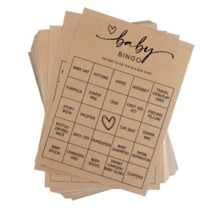 baby bingo game (50 unique cards) kraft pre-filled fun baby shower game activity, preforated calling cards, gender neutral boy or girl, minimalist