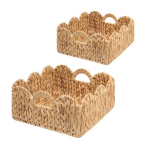 set of 2 scalloped basket | hand woven scallop basket | scalloped wicker basket with handles | scalloped edge basket shelf decorative | natural water hyacinth scalloped baskets for organizing