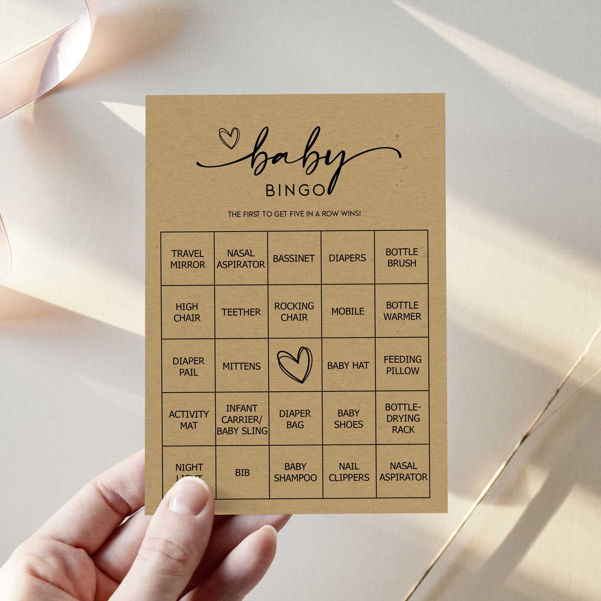 Baby Bingo Game (50 Unique Cards) Kraft Pre-Filled Fun Baby Shower Game Activity, Preforated Calling Cards, Gender Neutral Boy or Girl, Minimalist