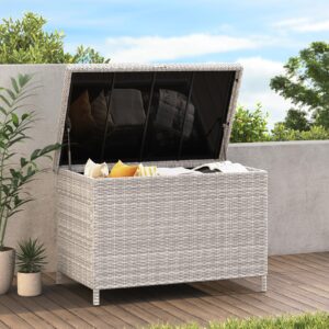 grand patio 158 gallon deck box,outdoor storage box with lid large wicker storage bin for patio furniture cushions,garden tools,pool accessories,grey