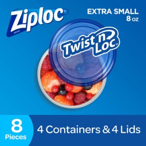 Ziploc Extra Small Round Twist 'n Loc Food Storage Meal Prep Containers, Reusable for Lunch and Leftovers, Dishwasher Safe, 4 Containers and 4 Lids