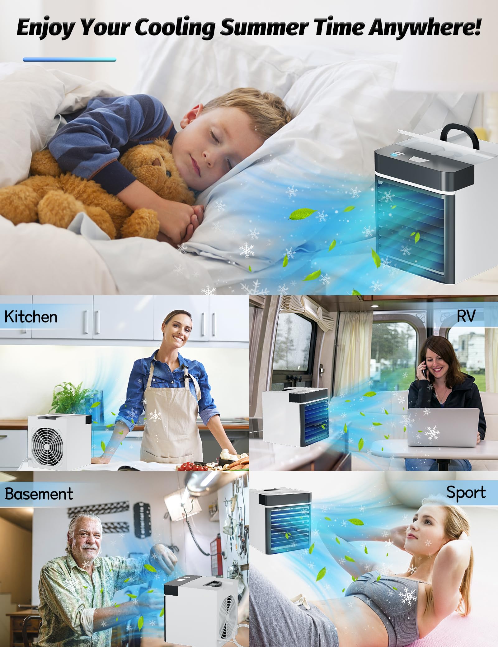 Portable Air Conditioner, Mini Personal Ice Fan with 3 Speeds, Small Anti-leakage Water Ice Cooling Air Cooler for Room Bedroom Office Home Tent (F-08)