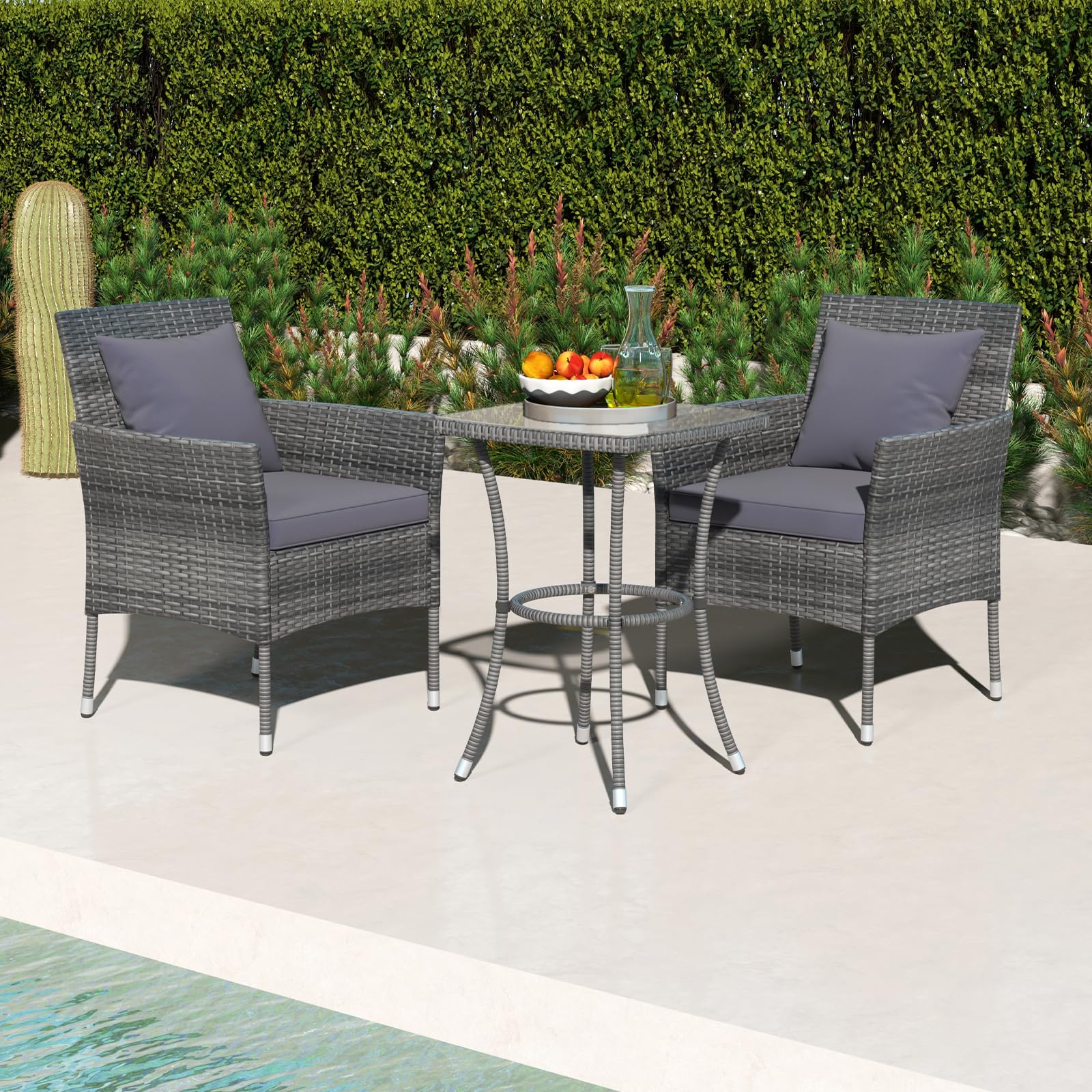 Tangkula 3-Piece Patio Furniture Set, PE Wicker Conversation Bistro Set w/A Tempered Glass Table & 2 Cushioned Chairs, Outdoor Table & Chairs Set for Patio Porch Yard Garden (Mix Gray+Grey)