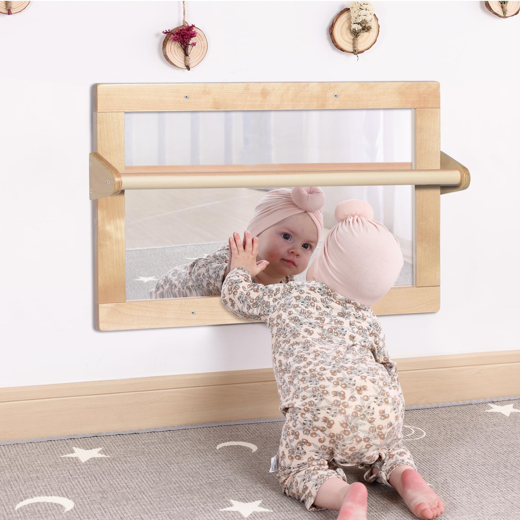 KRAND Baby Montessori Wooden Frame Non-Shatter Safety Mirror w/ 2 Pull Up Bars, Infant Coordination Small Mirror for 6-18 Months (Natural)