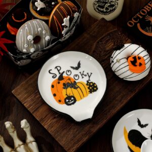 Whaline 2Pcs 4.7inch Halloween Ceramic Spoon Rest Spooky Pumpkin Black Cat Small Coffee Spoon Holder for Coffee Stirrers Teaspoon Bar Spoon Coffee Station Bar Accessories