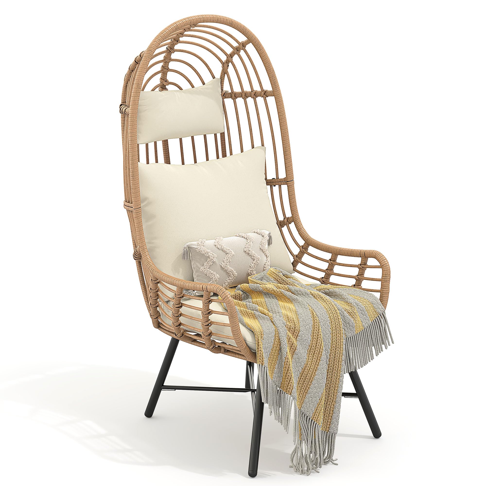 YITAHOME Outdoor Narrow Egg Chair, Patio Wicker Basket Chair with 370lbs Capacity Indoor Egg Chairs with Stand & Cushion Cocoon Chair for Bedroom, Patio, Balcony (Beige)