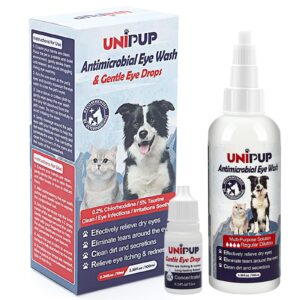 unipup dog eye wash 3.38 fl. oz and eye drops 0.34 fl. oz set for dogs and cats to flush and soothe eye irritations, dog tear stain cleaner, for allergies, mucus, irritation and weepy eyes